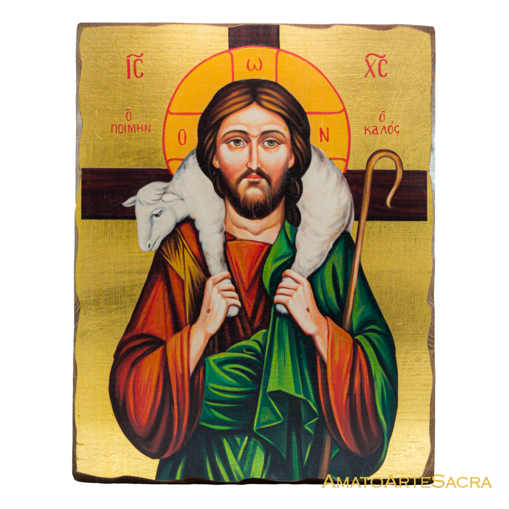 BUON PASTORE ICONA FOGLIA ORO 21X27 - AmatoArteSacra